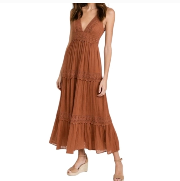 Source Unknown | Dresses | Boho Rust Orange Midi Dress Tiered Lace Trim ...
